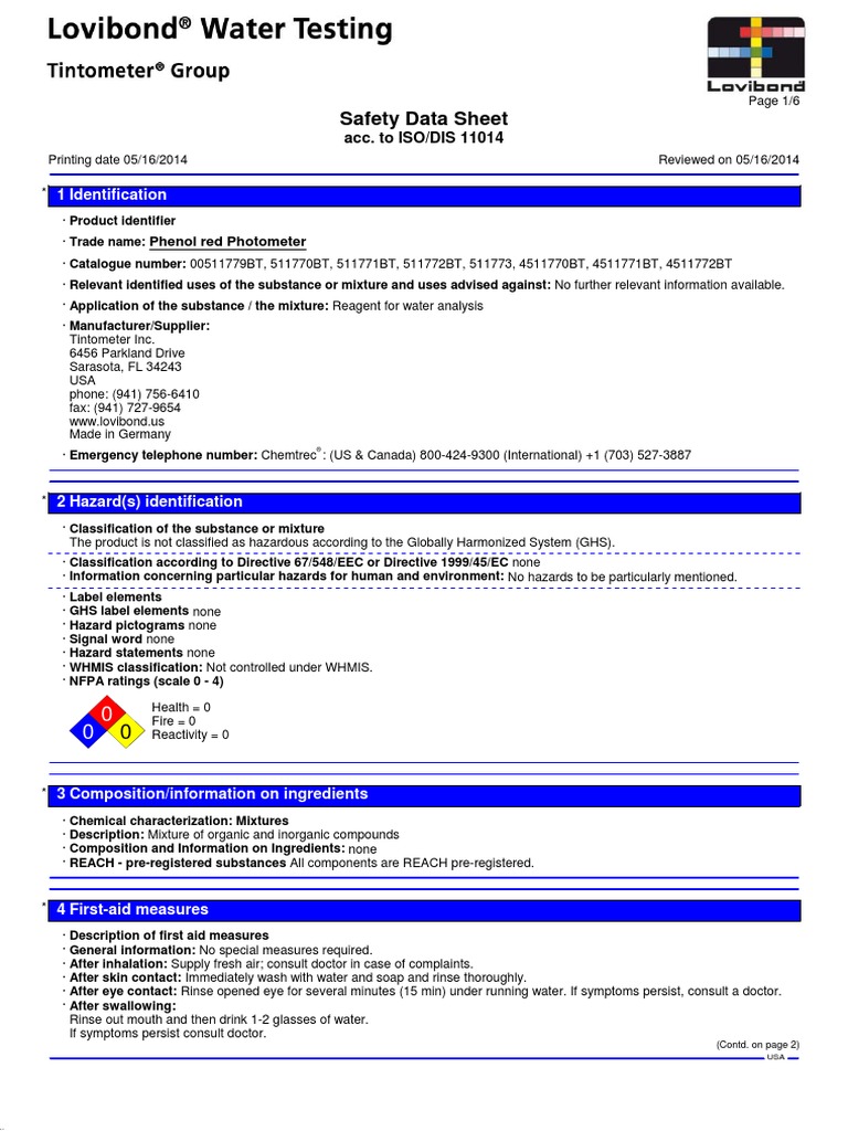 MSDS - Prominent-Phenol - Red - Photometer - (USA) | PDF | Dangerous ...