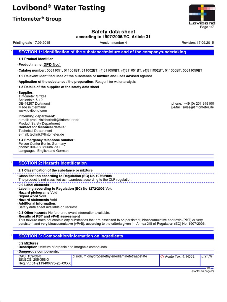 MSDS - Prominent-DPD No.1 | PDF | Dangerous Goods | Personal Protective Equipment