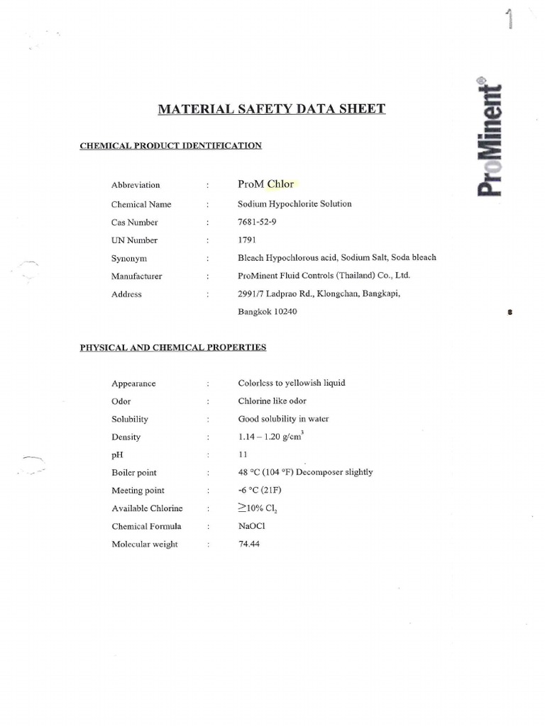 10.MSDS - Prominent - ProM Chor-Chlorine | PDF