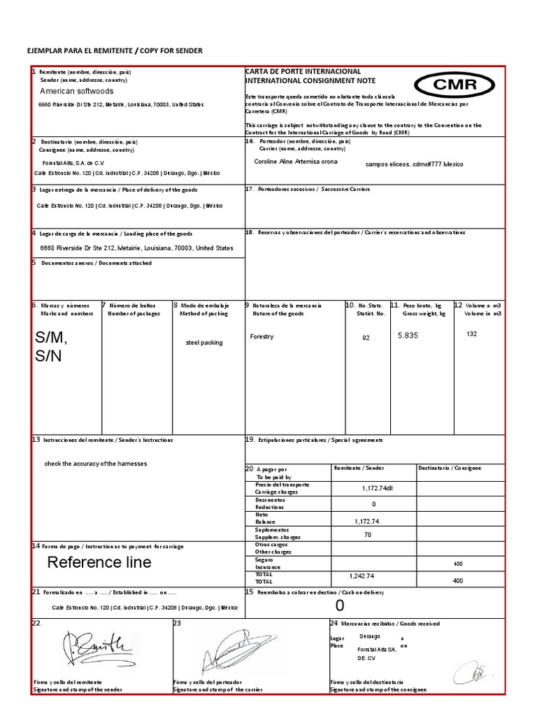 UITA-Documento Transporte Mercancias Carta Internacional de Porte CMR | PDF