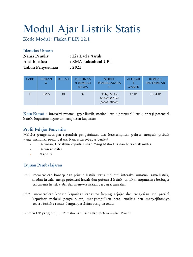 Modul Ajar Listrik Statis SMA XI | PDF | Sains & Matematika
