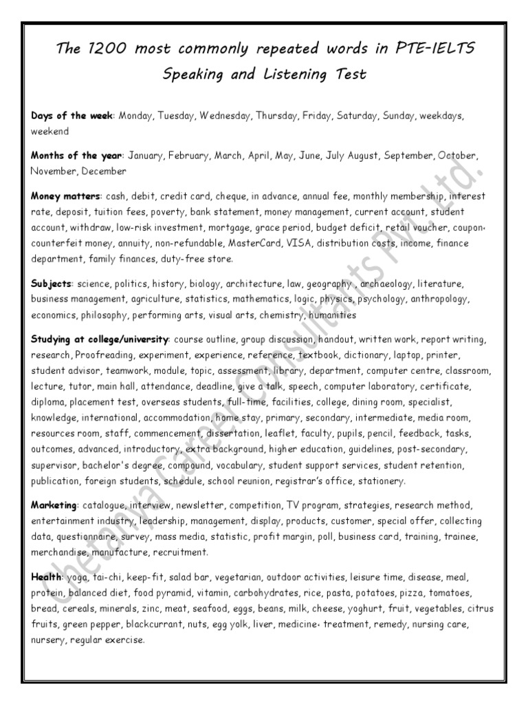 1200 Common PTE-IELTS Words List | PDF | Renewable Resources ...
