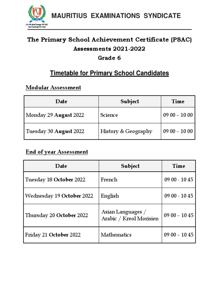 PSAC Grade 6 Timetable 2022 | PDF