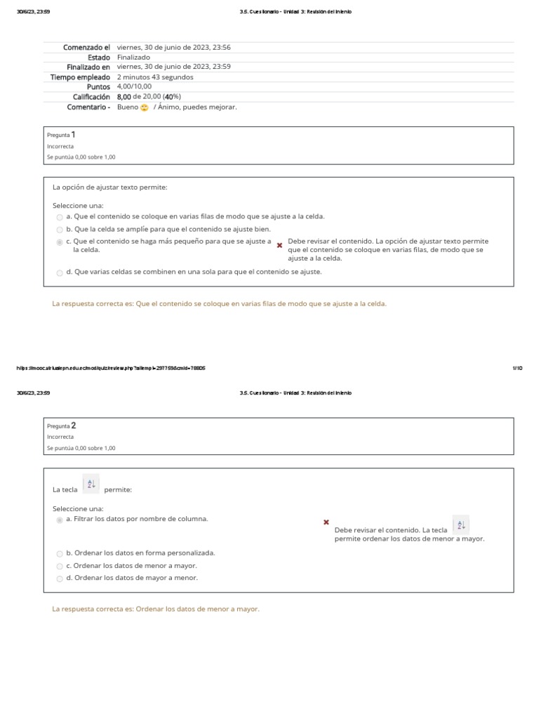 3.5. Cuestionario - Unidad 3 - Revisión Del Intento | PDF | Microsoft Excel | Hoja de cálculo