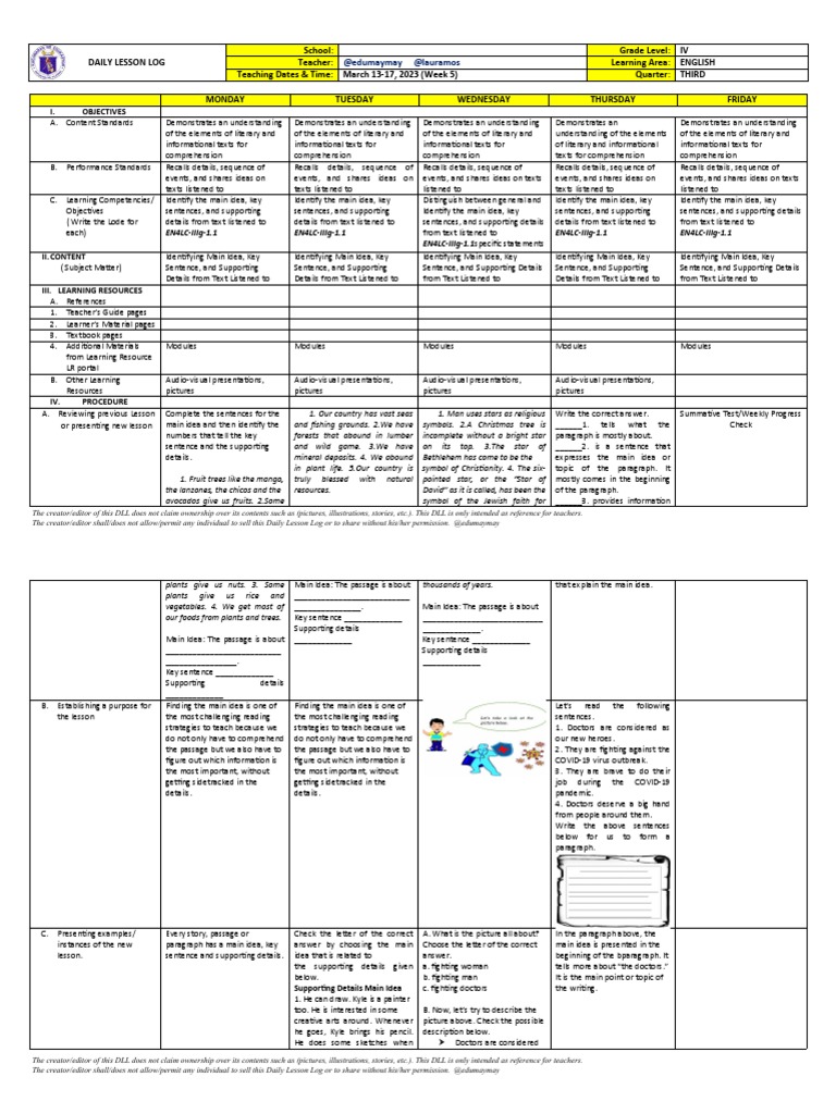 DLL ENGLISH-4 Q3 W5 MainIdeaKeySentencesedumaymaylauramos | PDF | Learning | Paragraph