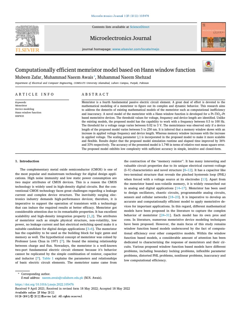 Efficient Memristor Model Using Hann Function | PDF | Cmos | Electronic Circuits