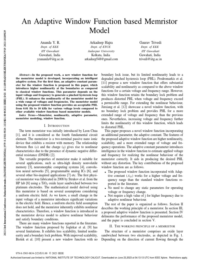 An Adaptive Window Function Based Memristor Model | PDF | Electromagnetism | Electronics
