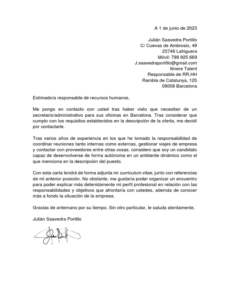 Carta de Presentación - Ejemplo | PDF