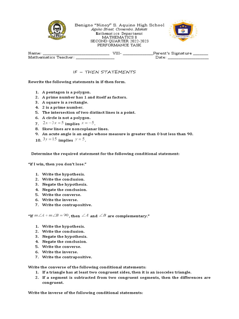 Second Quarter Performance Task If Then Statements | PDF | Triangle | Euclidean Geometry