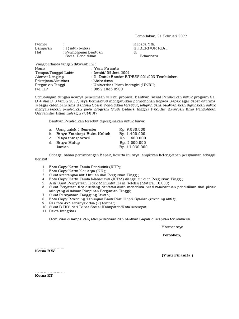 (Format) Surat Permohonan Usulan Bansos 2022 | PDF