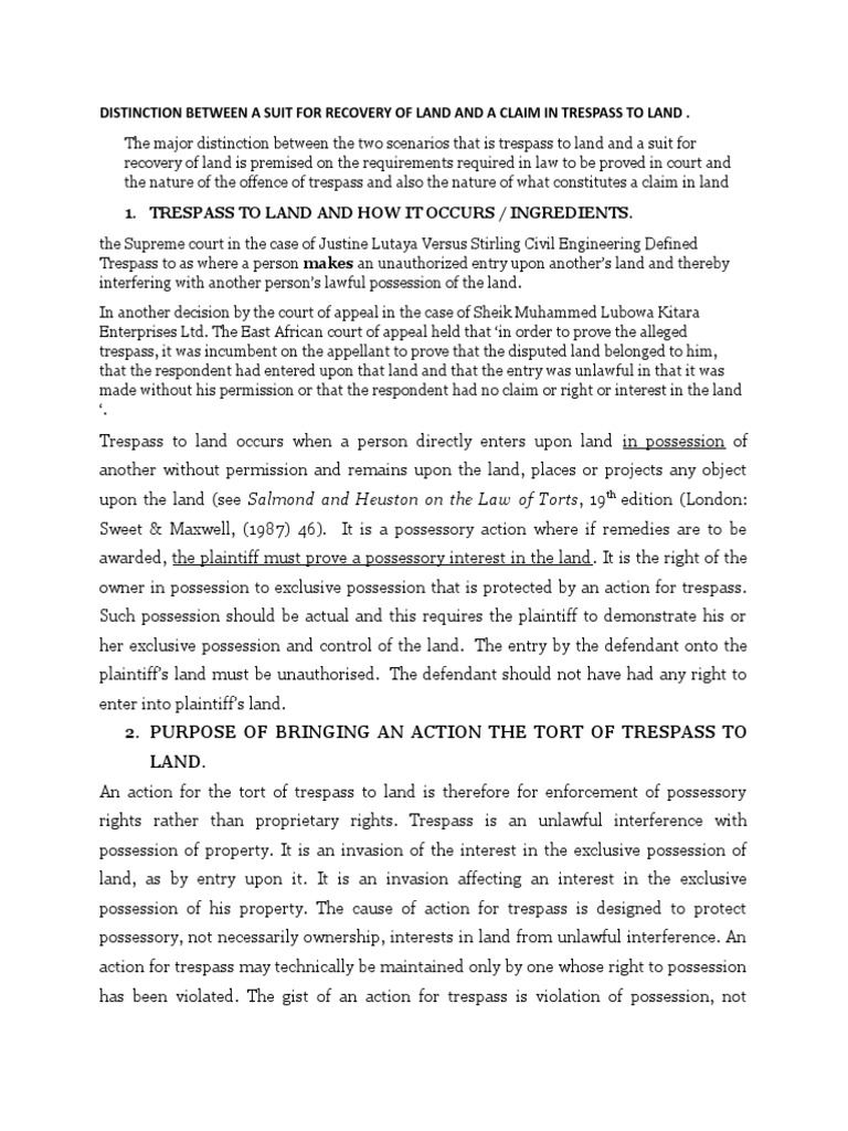 Distinction: Land Recovery vs. Trespass | PDF | Trespass | Tort