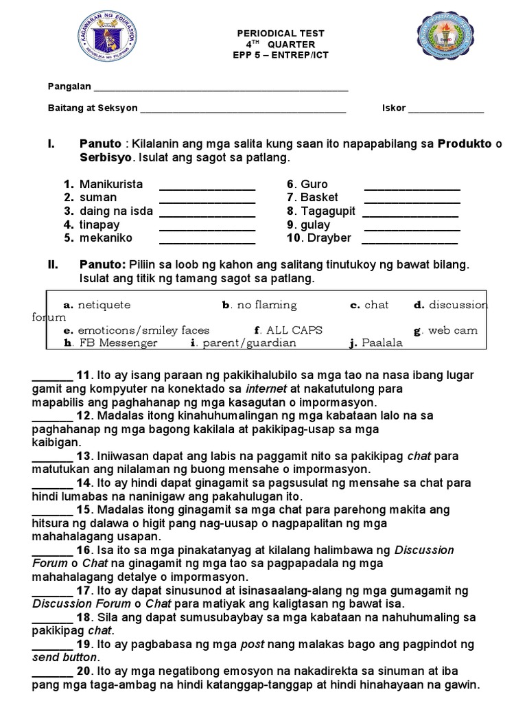 A. Netiquete B. No Flaming C. Chat D. Discussion E. Emoticons/smiley ...