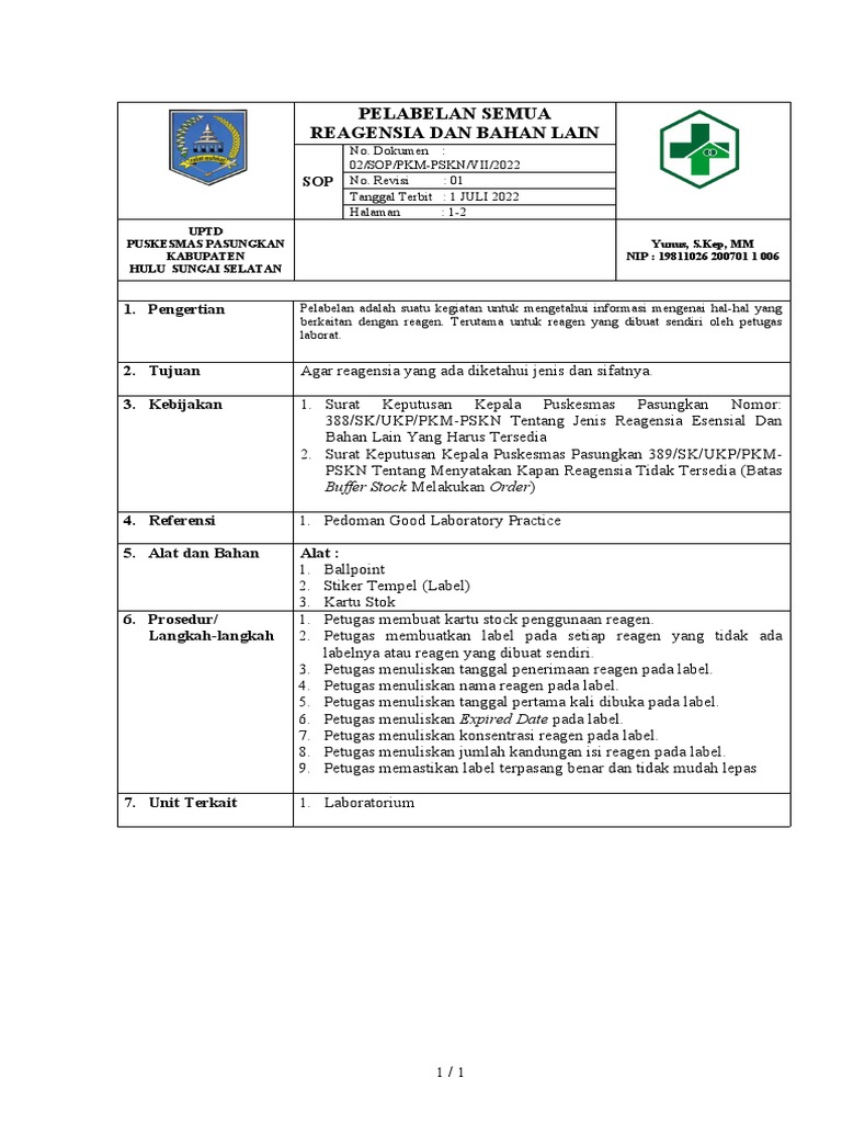Sop Pelabelan Reagensia | PDF