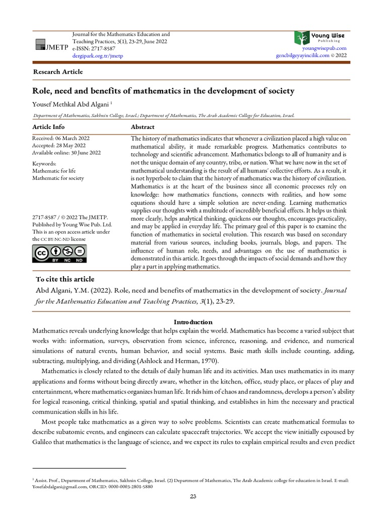 Role, Need and Benefits of Mathematics in The Development of Society ...