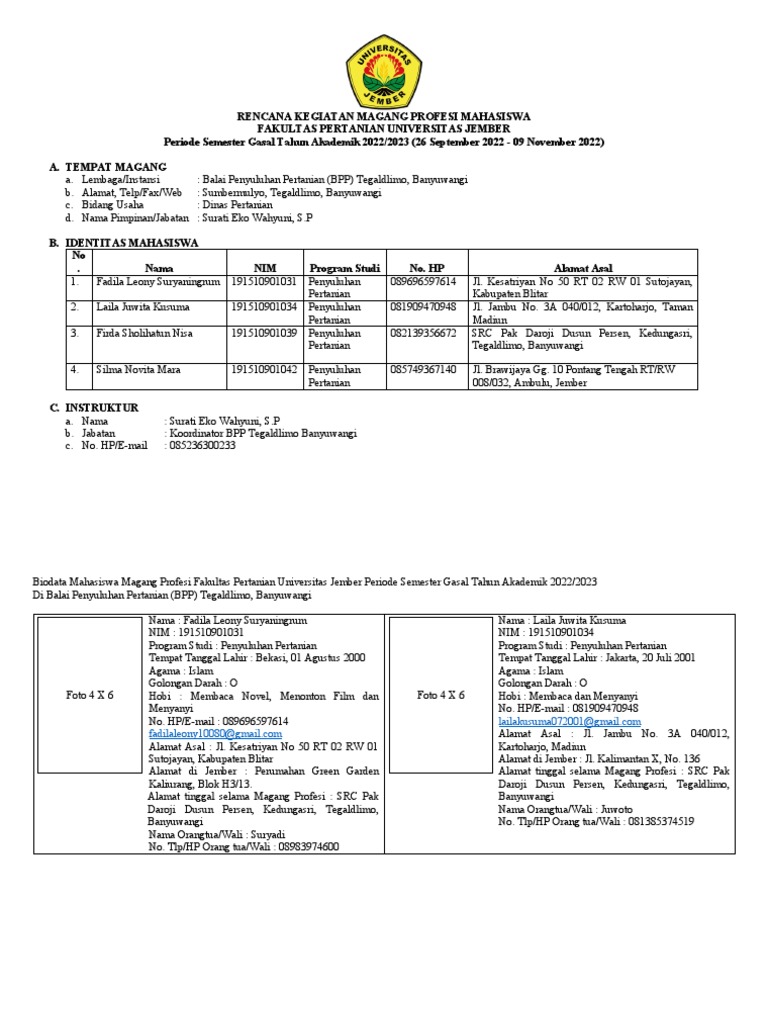 Rencana Kegiatan Magang Profesi Mahasiswa | PDF