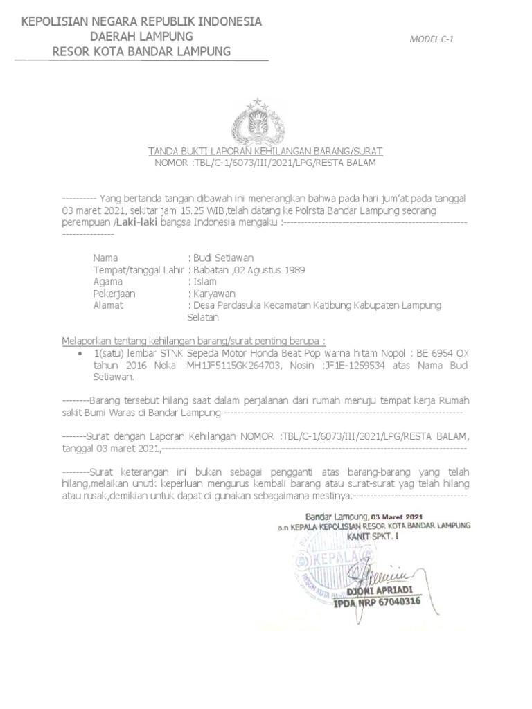 Tanda Bukti Laporan Kehilangan Barang | PDF