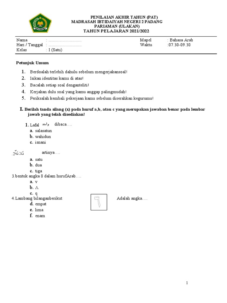 Soal PAT Bahasa Arab Kelas 1 | PDF | Seni & Disiplin Bahasa | Kajian Bahasa Asing