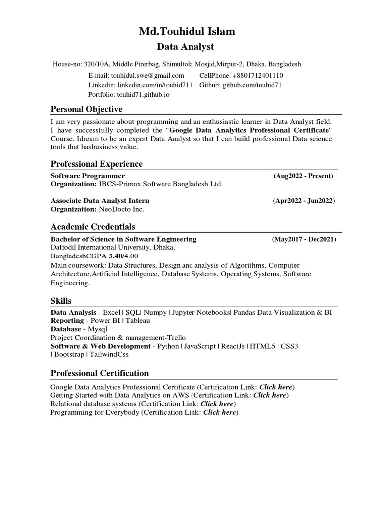 MD - Touhidul Islam Resume | PDF