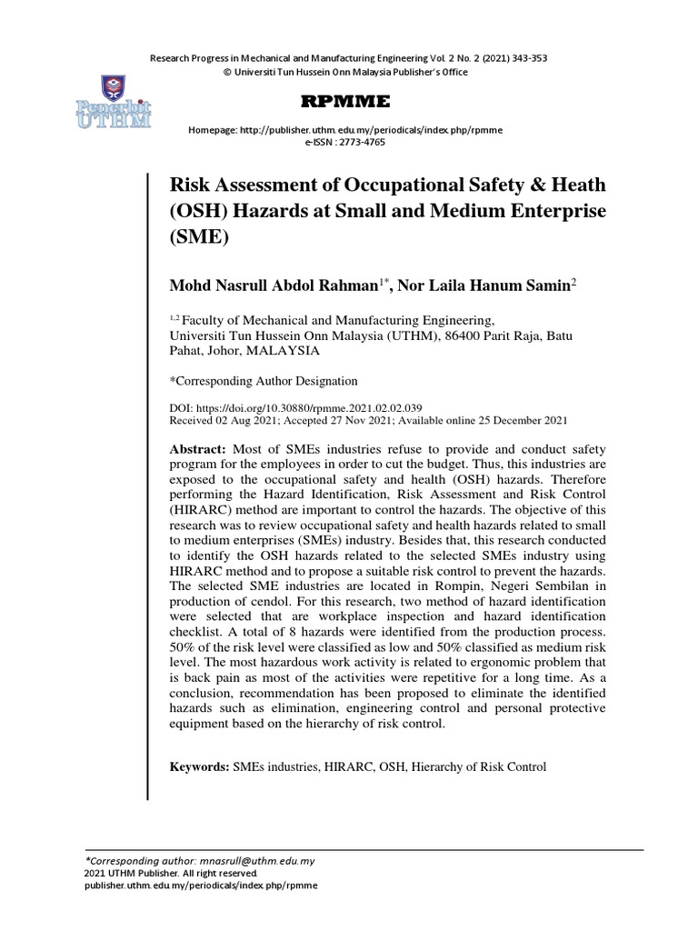 OSH Hazard Assessment in SMEs | PDF | Hazards | Risk