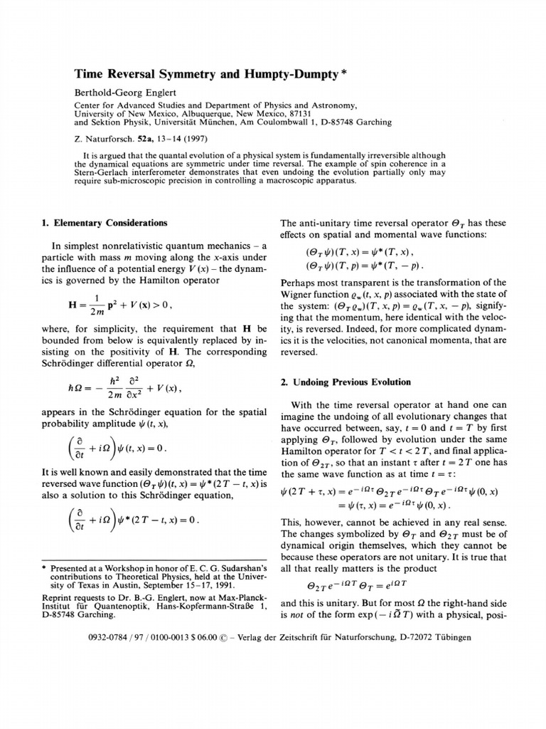 Englert - 1997 - Time Reversal Symmetry and Humpty-Dumpty | PDF | Wave ...