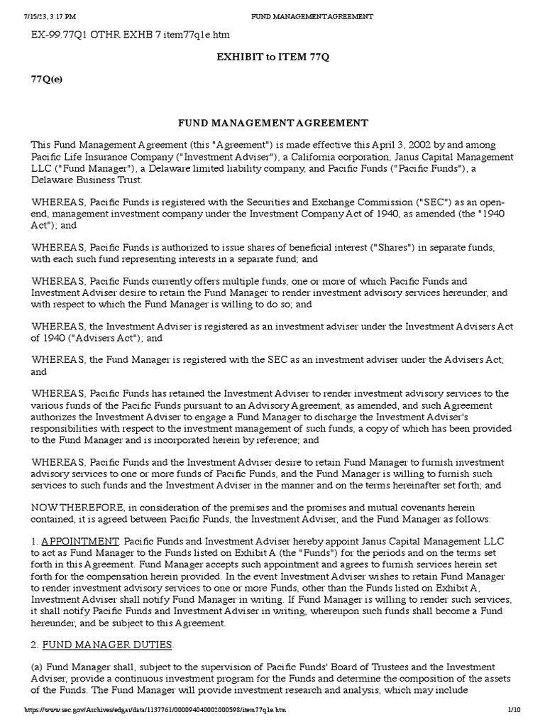 Fund Management Agreement Overview | PDF | Indemnity | Securities (Finance)