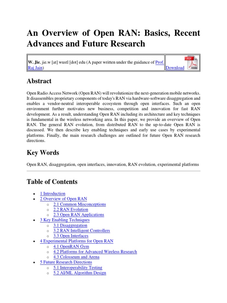 An Overview of Open RAN: Basics, Recent Advances and Future Research | PDF