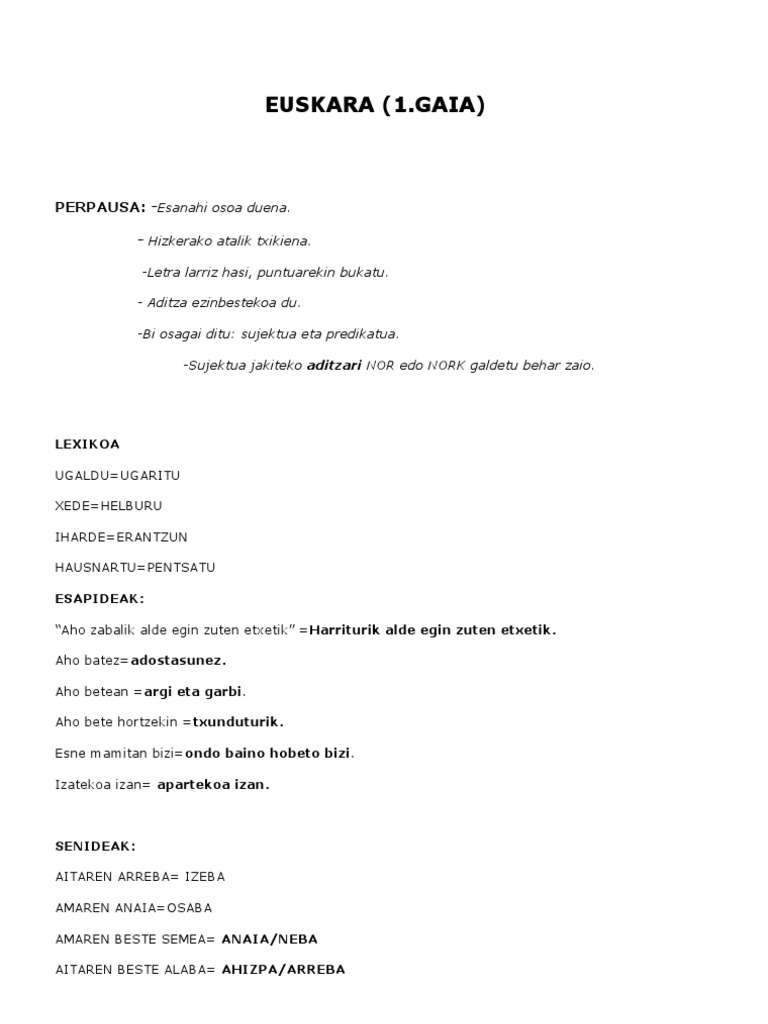 EUSKARA 1.-2. Gaiak LABURPENAK. | PDF