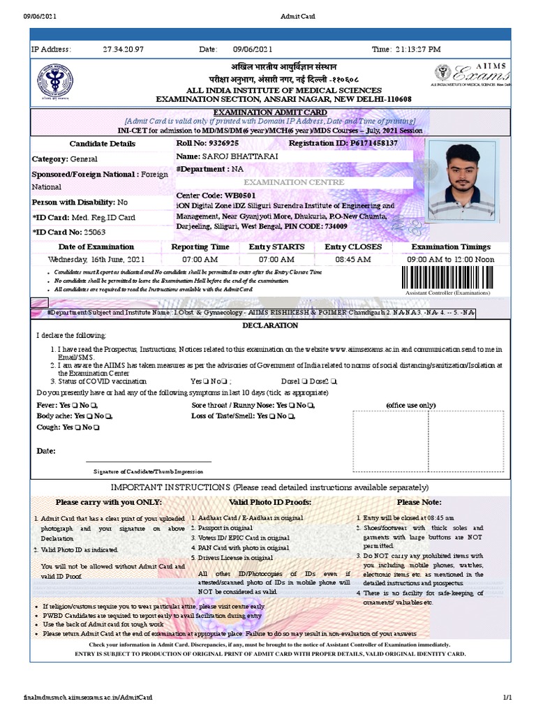 Admit Card Is Valid Only If Printed With Domain IP Address, Date and ...
