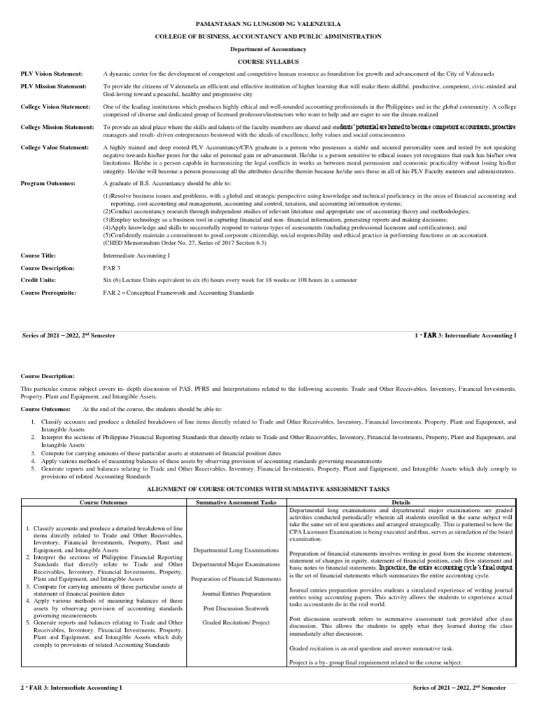 Far 3 Intermediate Accounting I Syllabus Pdf Financial Statement
