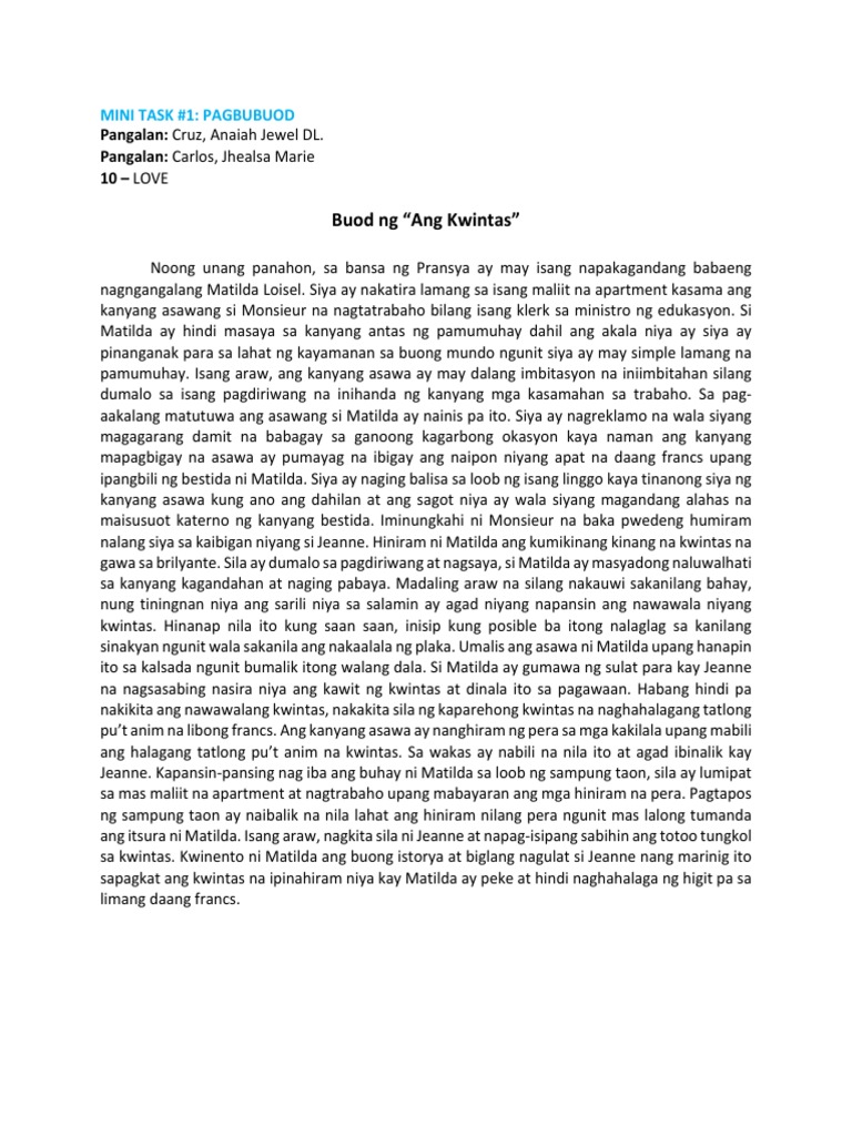 MINI TASK #1 - BUOD (Anaiah Cruz at Jhealsa Carlos) | PDF