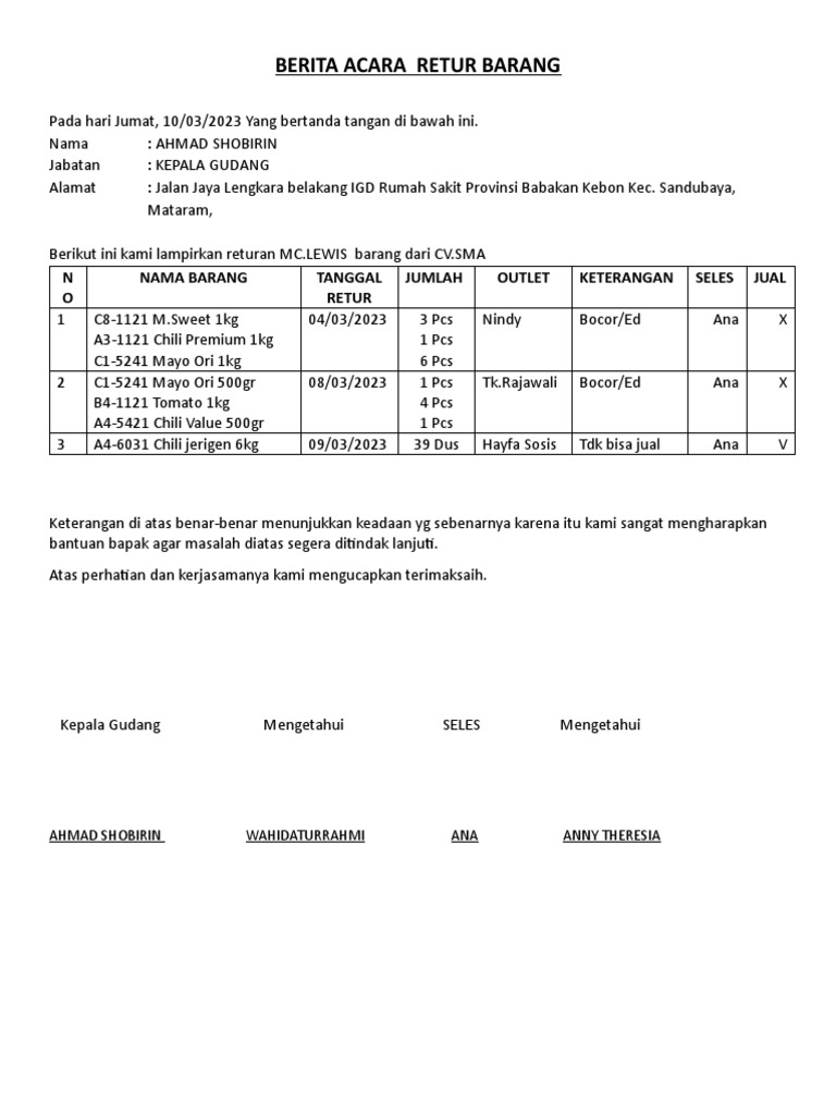 Berita Acara Retur Barang Sma | PDF