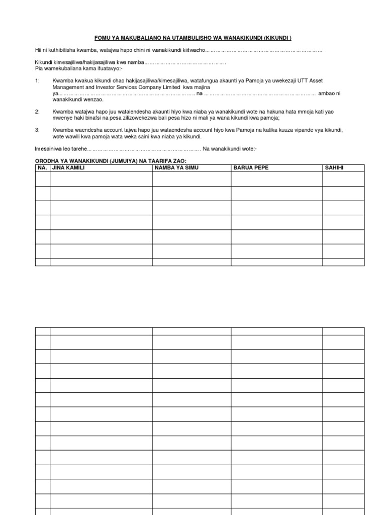 Fomu Ya Makubaliano Ya Uendeshaji Akaunti-Kikundi - Revised | PDF