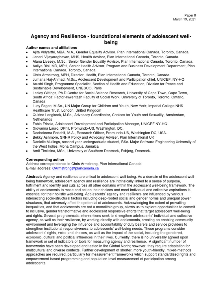 Adolescent Wellbeing Background Paper Agency and Resilience | PDF | Psychological Resilience ...