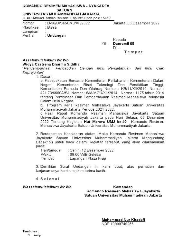 Surat Undangan HUT MENWA UMJ Danramil 22 | PDF