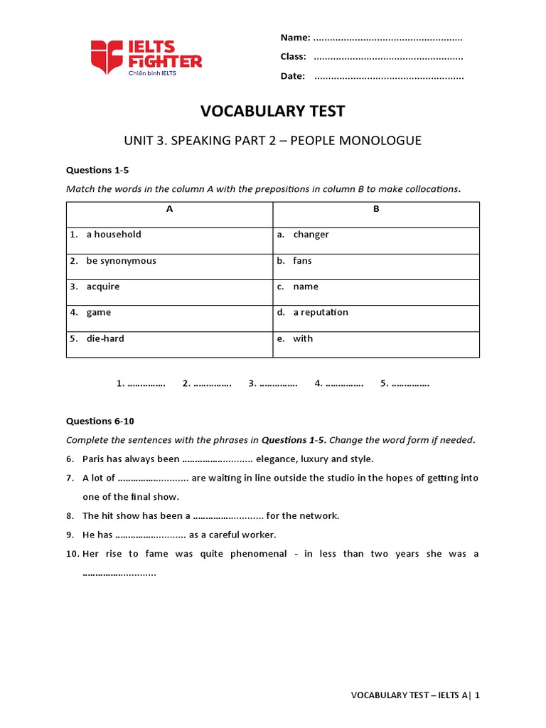 Vocab Test 12 Unit 3 Speaking Part 2 People Monologue Pdf