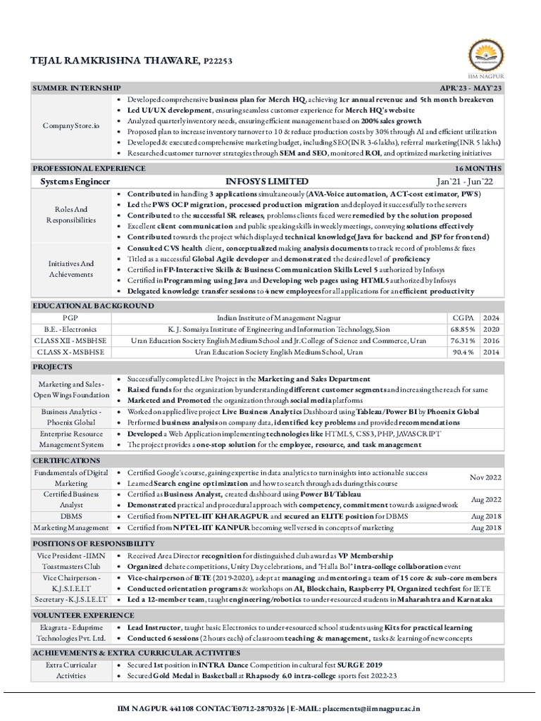 Tejal Ramkrishna Thaware,: Systems Engineer Infosys Limited Jan'21 ...