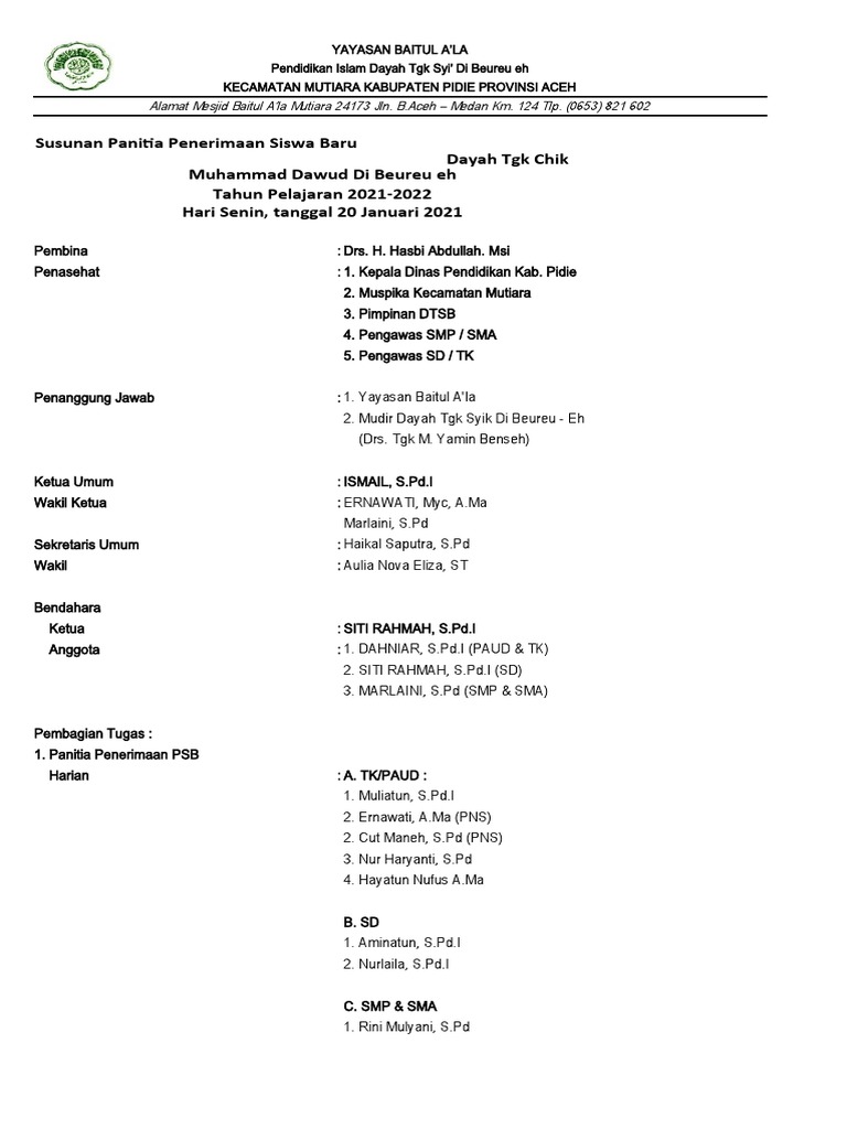 Susunan Panitia PSB | PDF