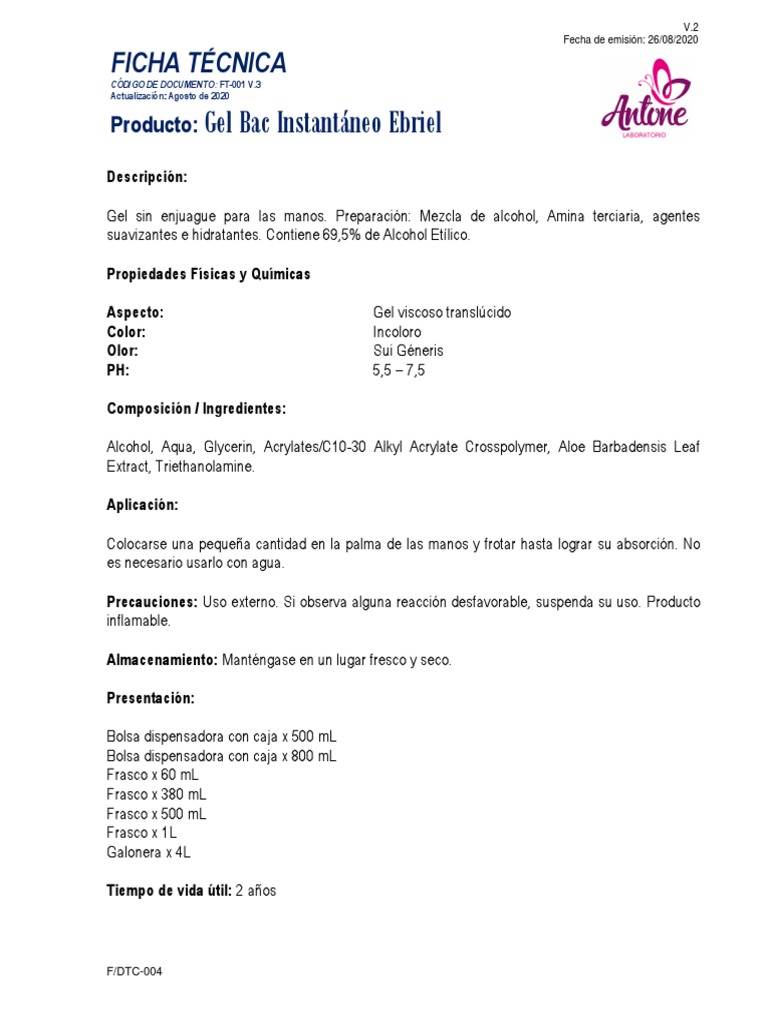 FT - Alcohol en Gel EBRIEL Gln. | PDF