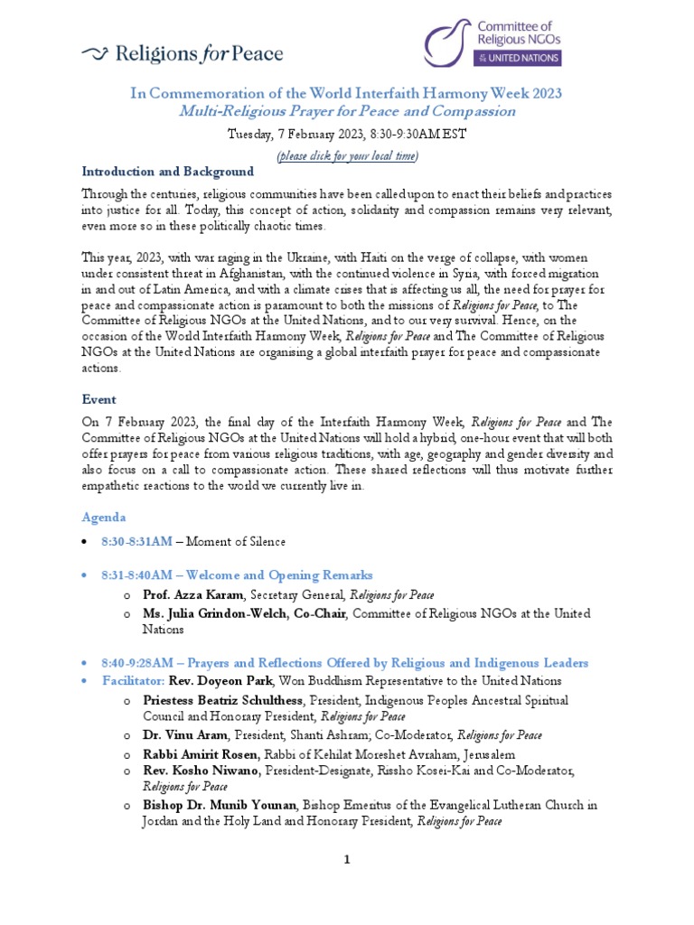 Agenda Interfaith Prayers For World Interfaith Harmony Week 2023 | PDF ...