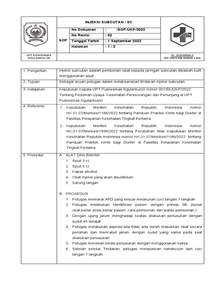Sop Injeksi Sc 2022 | PDF