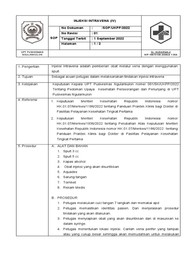 Sop Injeksi Iv 2022 | PDF