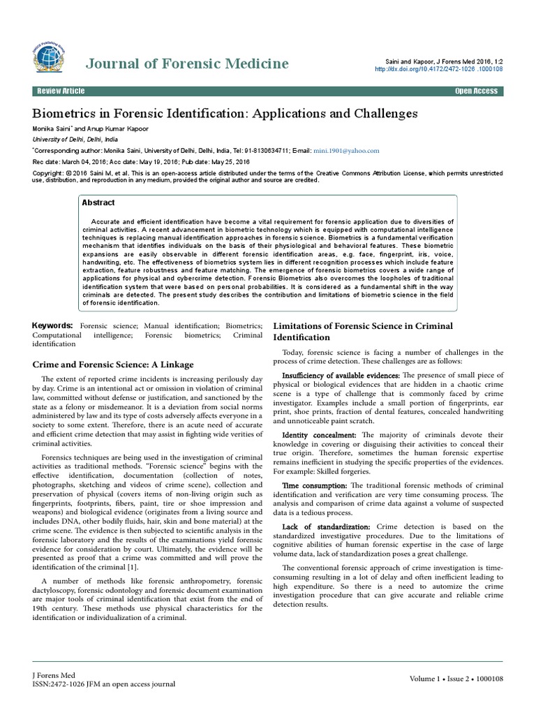 Biometrics in Forensic Identification Ap | PDF | Biometrics | Fingerprint