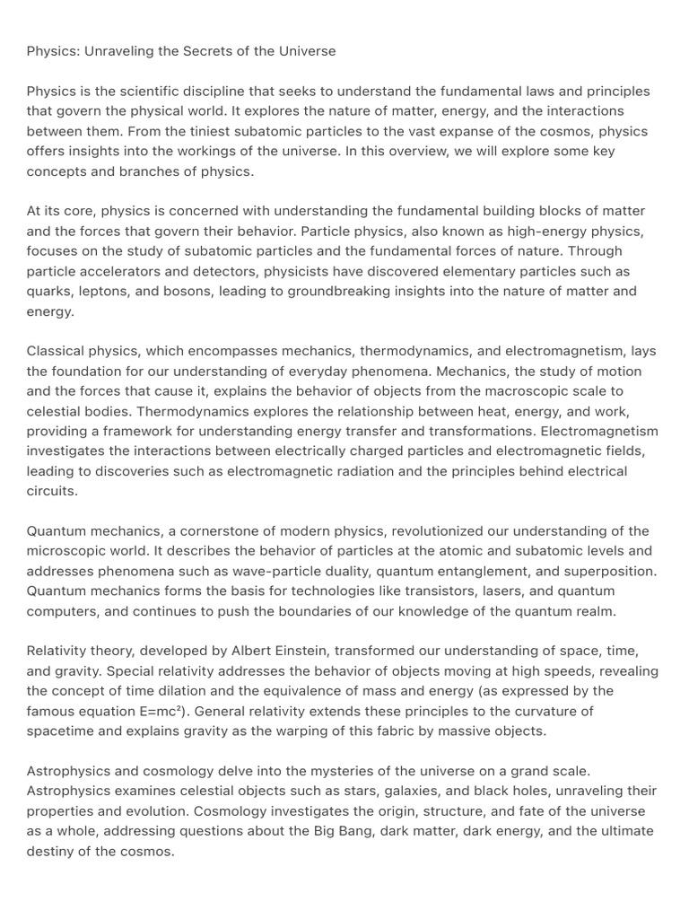 Physics: Unraveling The Secrets of The Universe | PDF | Physics | Universe
