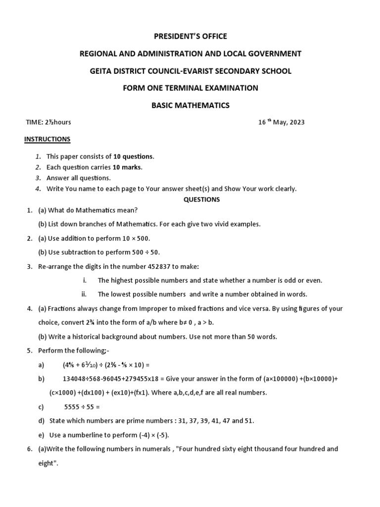 B-Maths f1 Terminal Exam 2023 | PDF