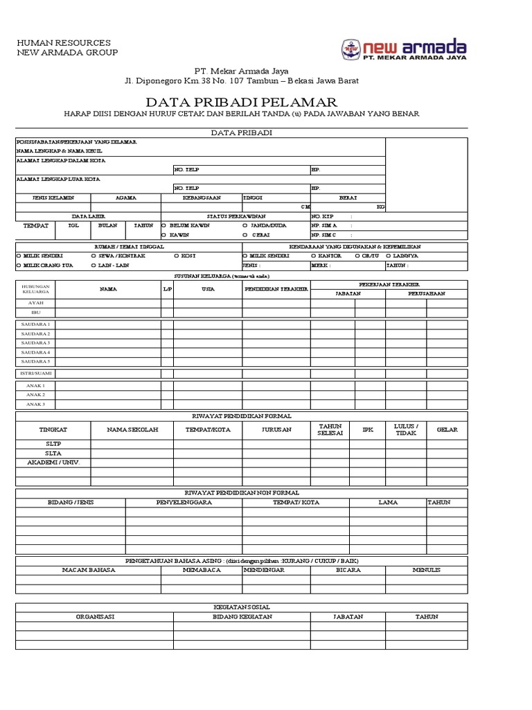 Formulir Data Pribadi Pelamar Kerja | PDF