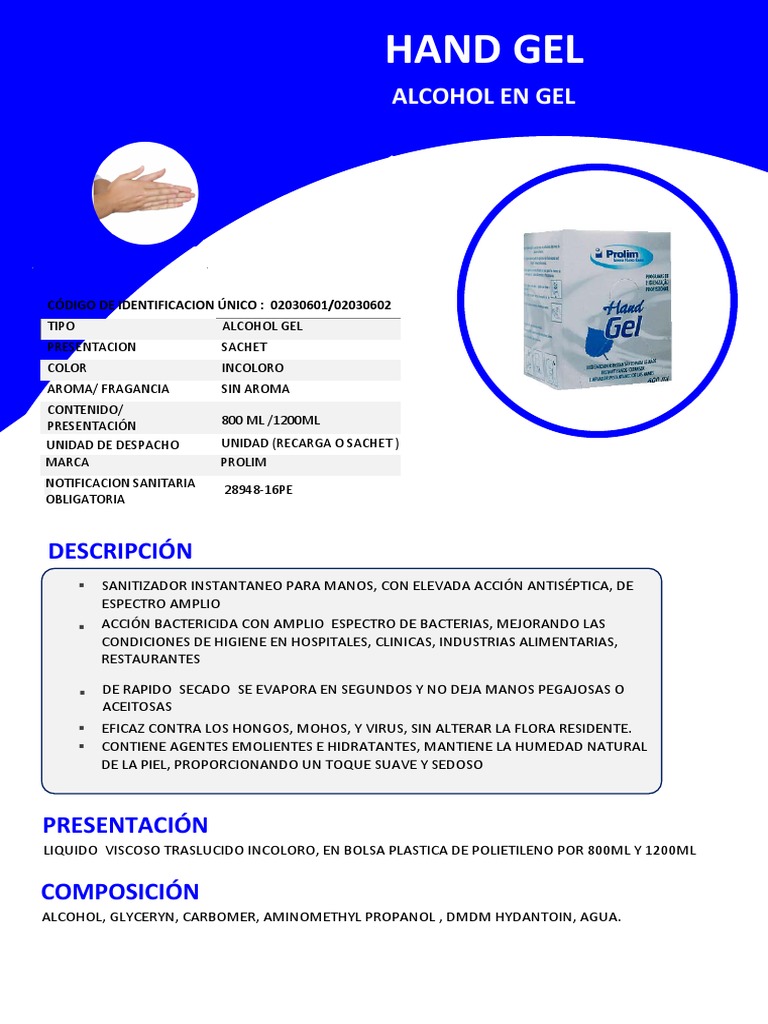 FT - Alcohol en Gel PROLIM 800 Ml. y 1,200 Ml. | PDF | Agua | Amoníaco
