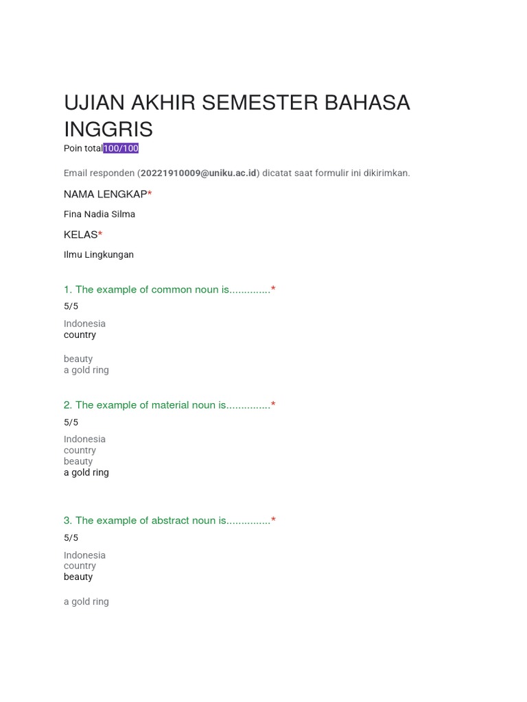 Salinan Soal Dan Jawaban Gform Latihan Soal Fina Nadia Silma | PDF