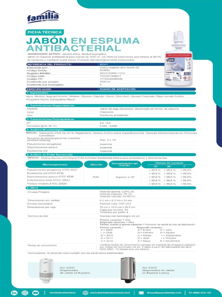 FT - Jabón Espuma Antibacterial TORK 1Lt. | PDF | Ciencias fisicas | Materiales