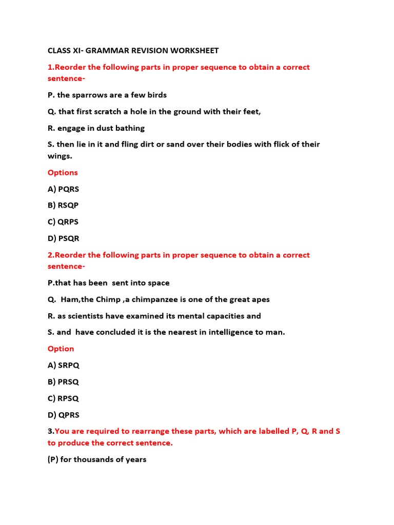 Worksheet On Sentence Reordering and Gap Filling | PDF