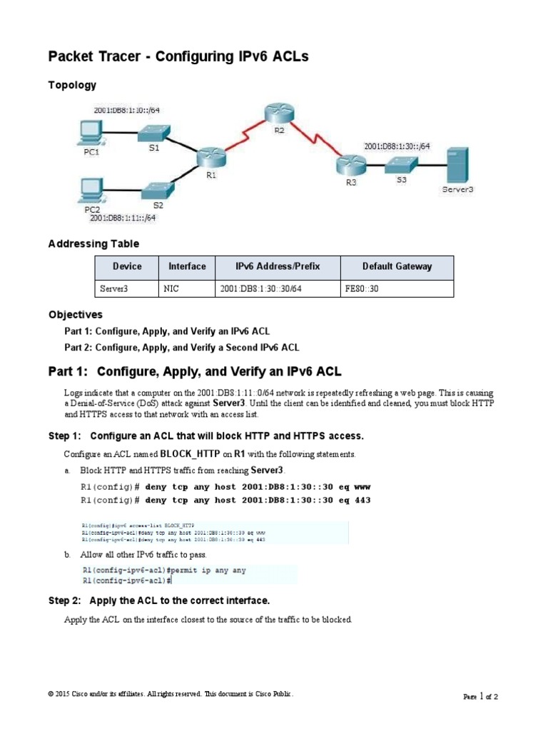4.1.3.4 Packet Tracer - Configuring IPv6 ACLs (1) | PDF | I Pv6 | Denial Of Service Attack